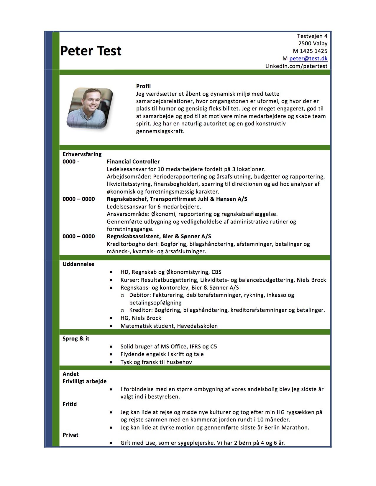 Layout - CV med profil - grøn og blå - Skrivansøgning