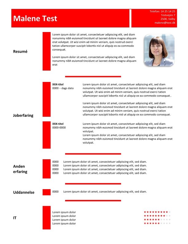 Layout - CV i tabelform - rød - Skrivansøgning