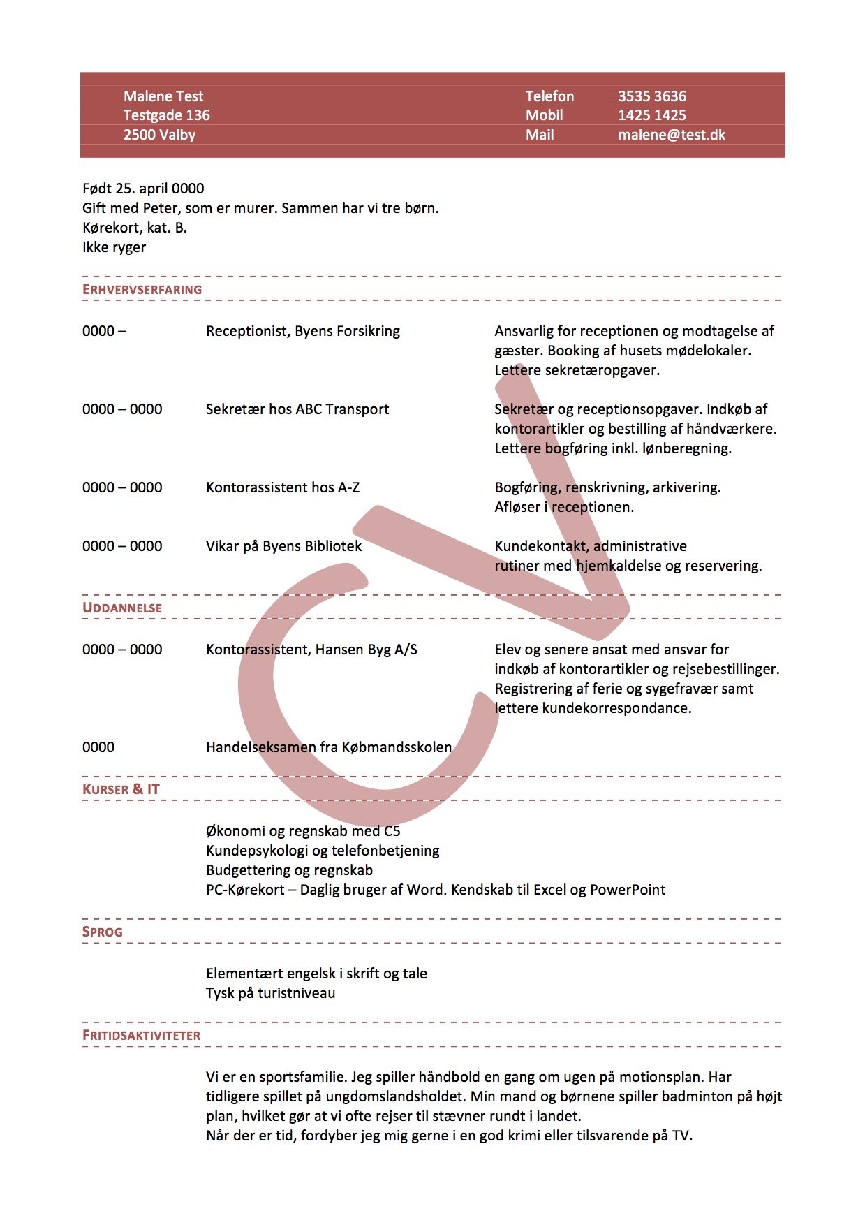 CV layout kronologisk enkelt - med vandmærke rød - Skrivansøgning