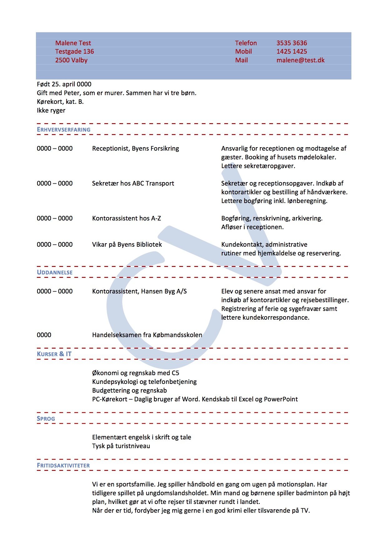CV layout kronologisk - enkelt med vandmærke blå - Skrivansøgning
