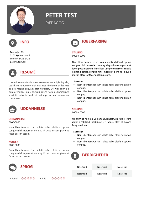 CV skabelon grå med røde overskrifter - Skrivansøgning